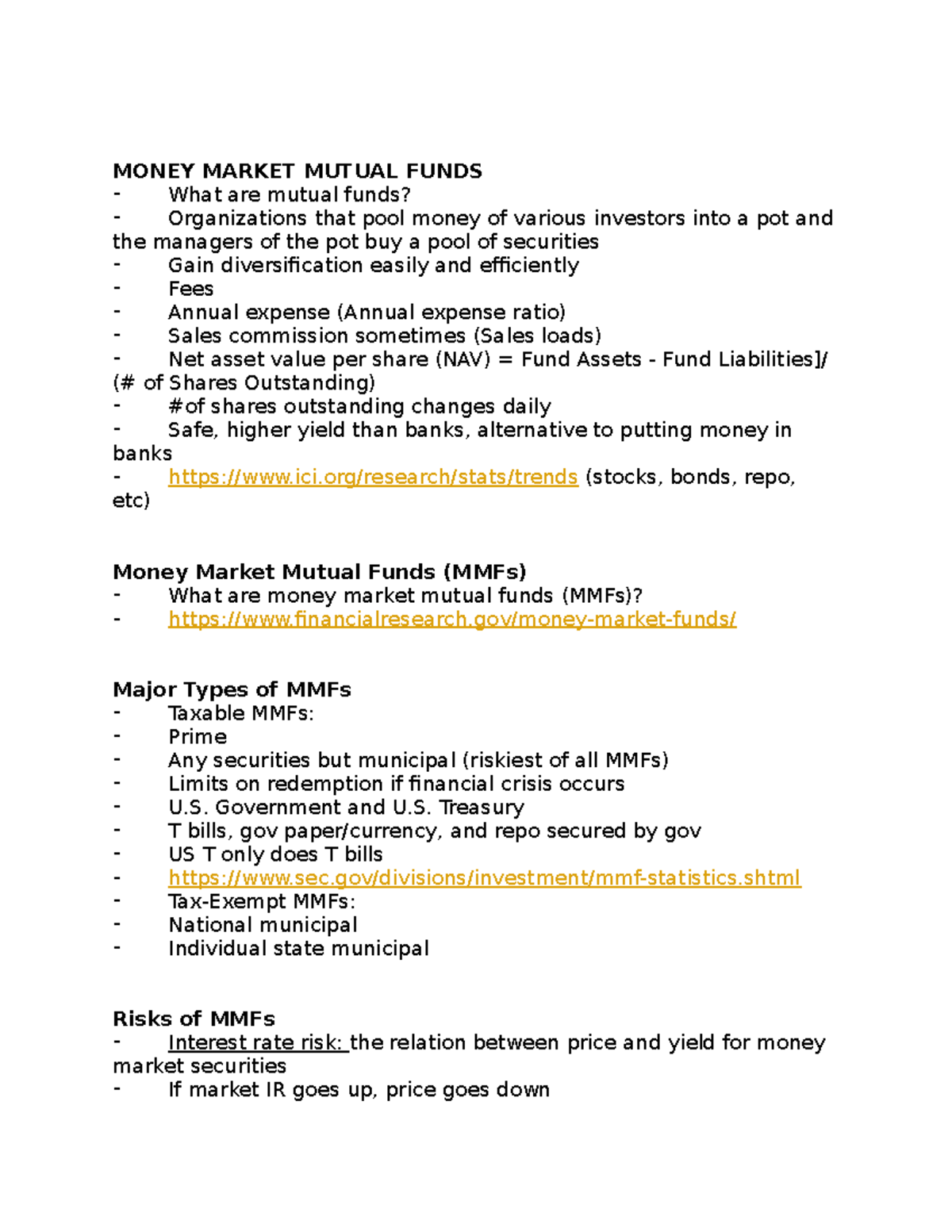 Fi 312 Notes MMF - MONEY MARKET MUTUAL FUNDS ⁃ What are mutual funds ...