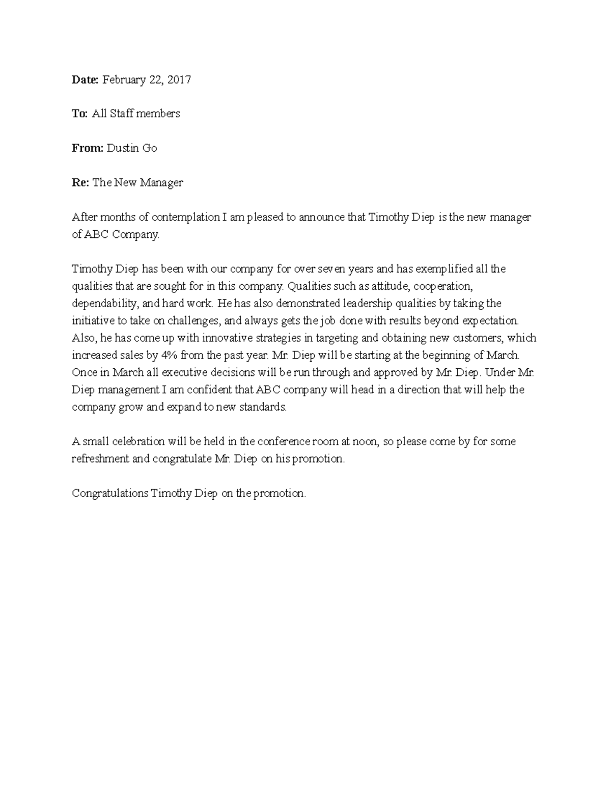 Memo - Practice Writing a Memo - Date: February 22, 2017 To: All Staff ...