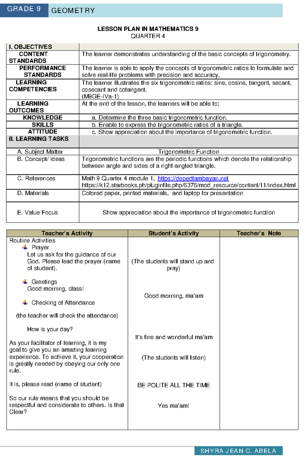 LPsohcahtoa - Lesson Plan - LESSON PLAN IN MATHEMATICS 9 QUARTER 4 ...