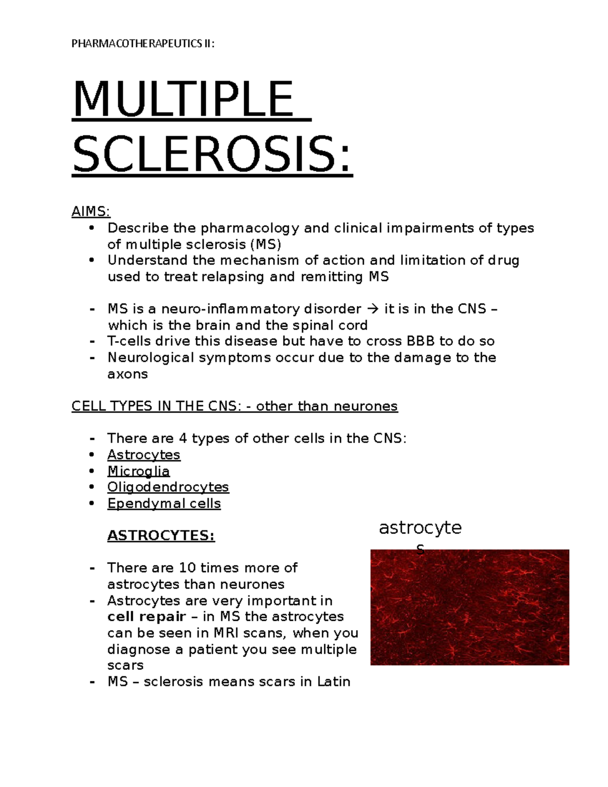 Multiple Sclerosis - notes - PHARMACOTHERAPEUTICS II: MULTIPLE ...