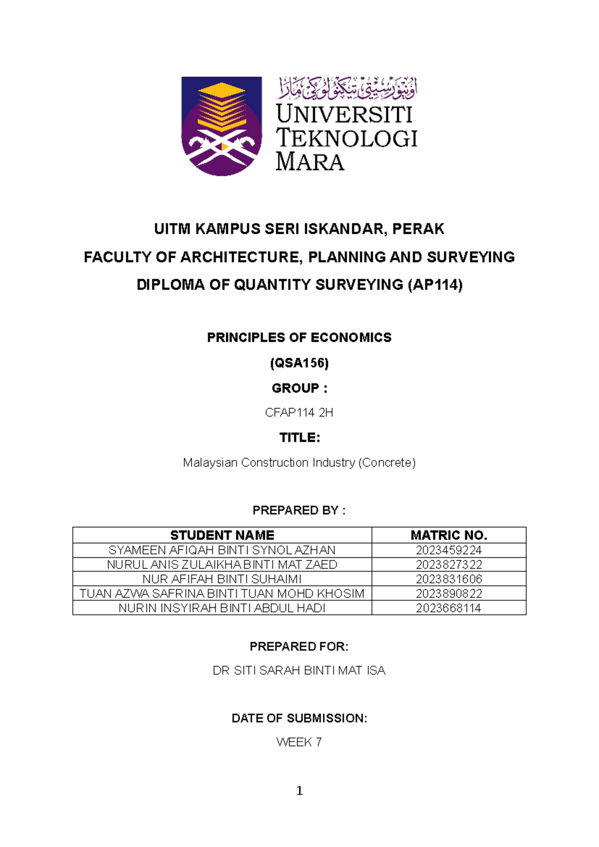 QSA156 Assignment 1 Concrete - UITM KAMPUS SERI ISKANDAR, PERAK FACULTY ...