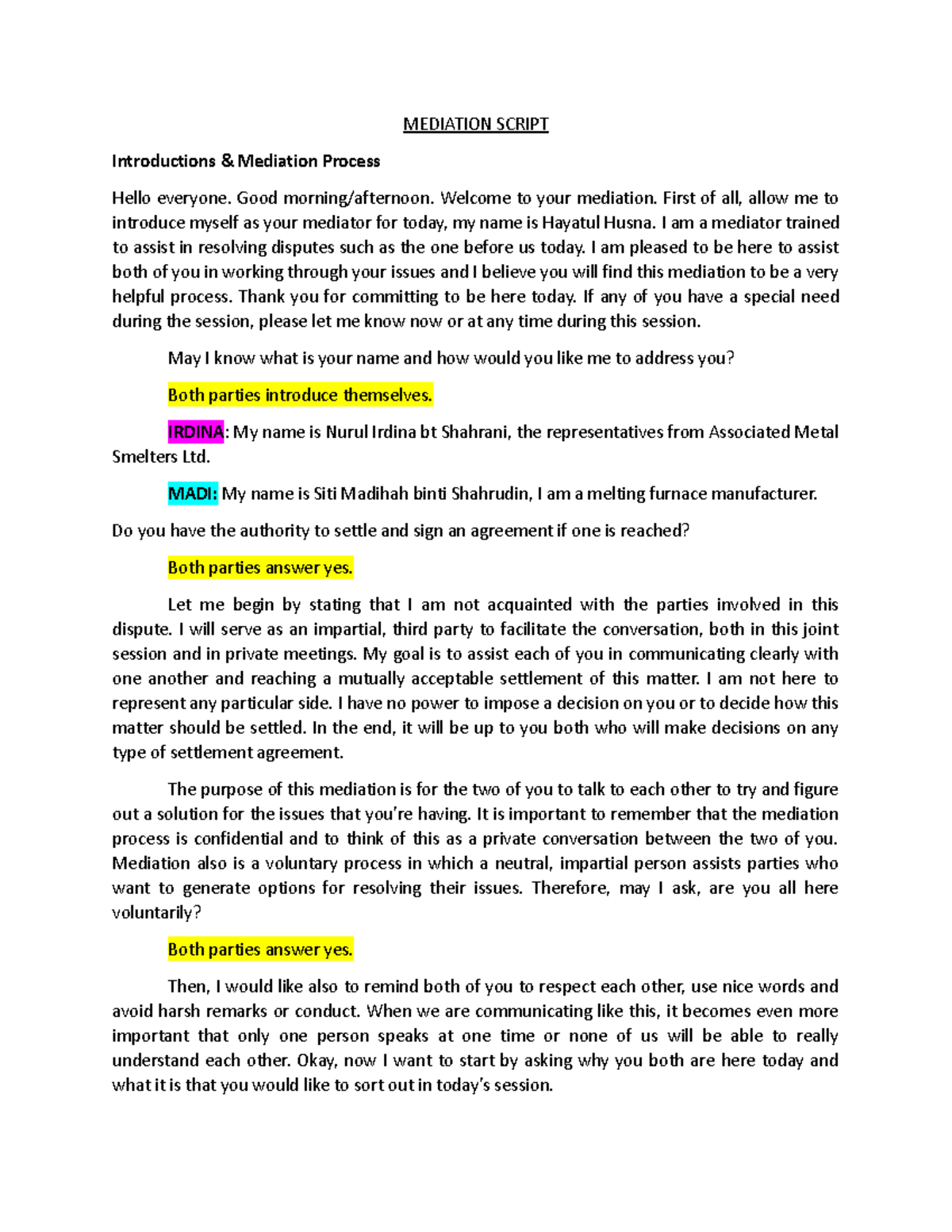 Mediation Script - Here - MEDIATION SCRIPT Introductions & Mediation ...