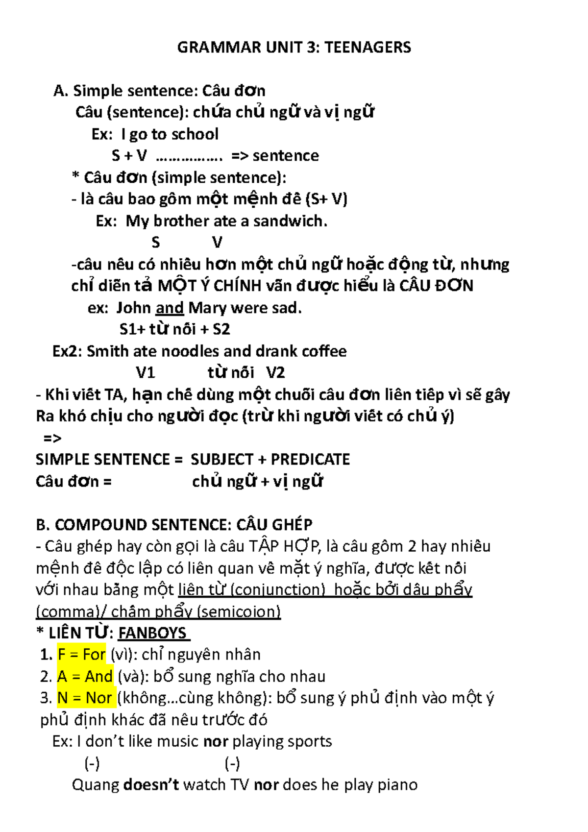 Grammar UNIT 3 - GRAMMAR UNIT 3: TEENAGERS A. Simple sentence: Câu đ ơn ...