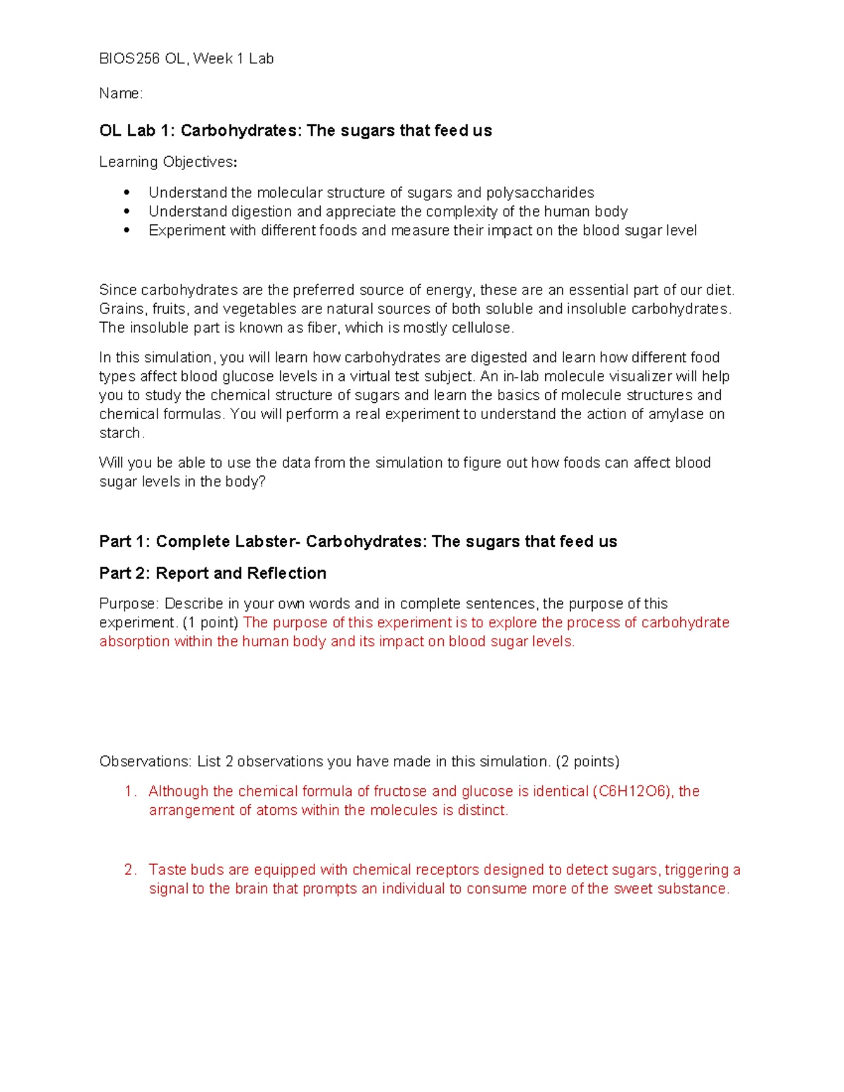 BIOS256 Week 1 Online Lab copy - Name: OL Lab 1: Carbohydrates: The ...