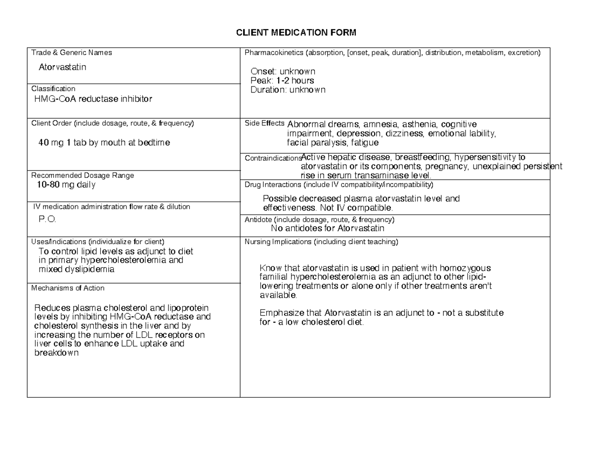 Atorvastatin med card - Med card for care plan - CLIENT MEDICATION FORM ...