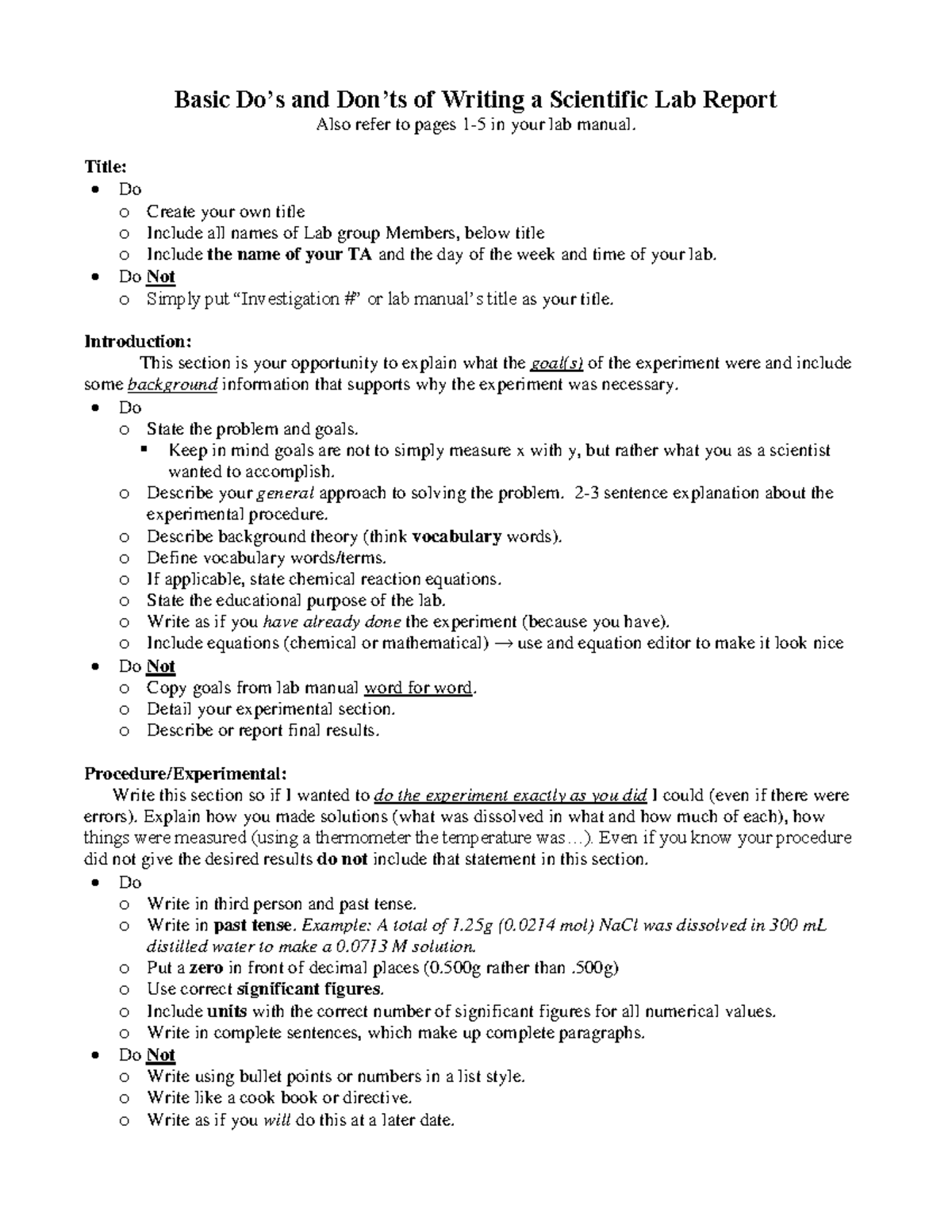 Basic Do's and Dont's of Writing a Scientific Lab Report Summer 2014 ...