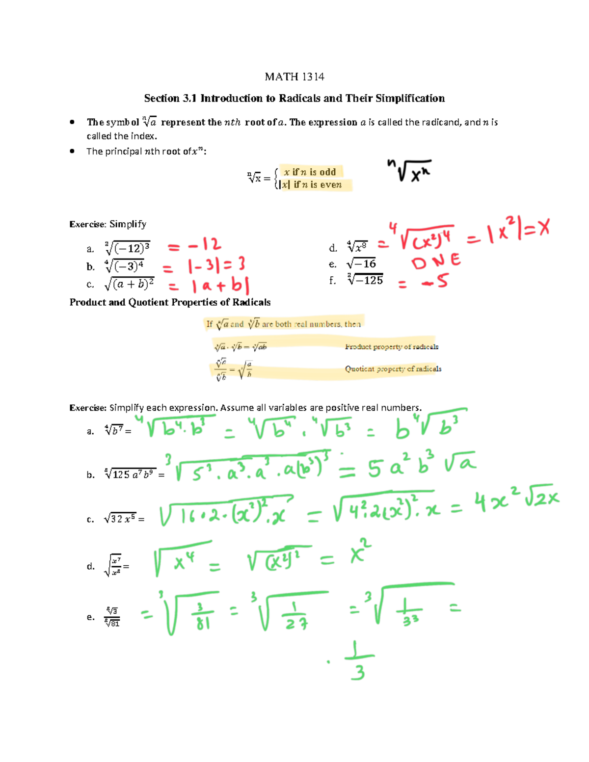 Section 3.1 Introduction to Radicals Edited - MATH 1314 Section 3 ...