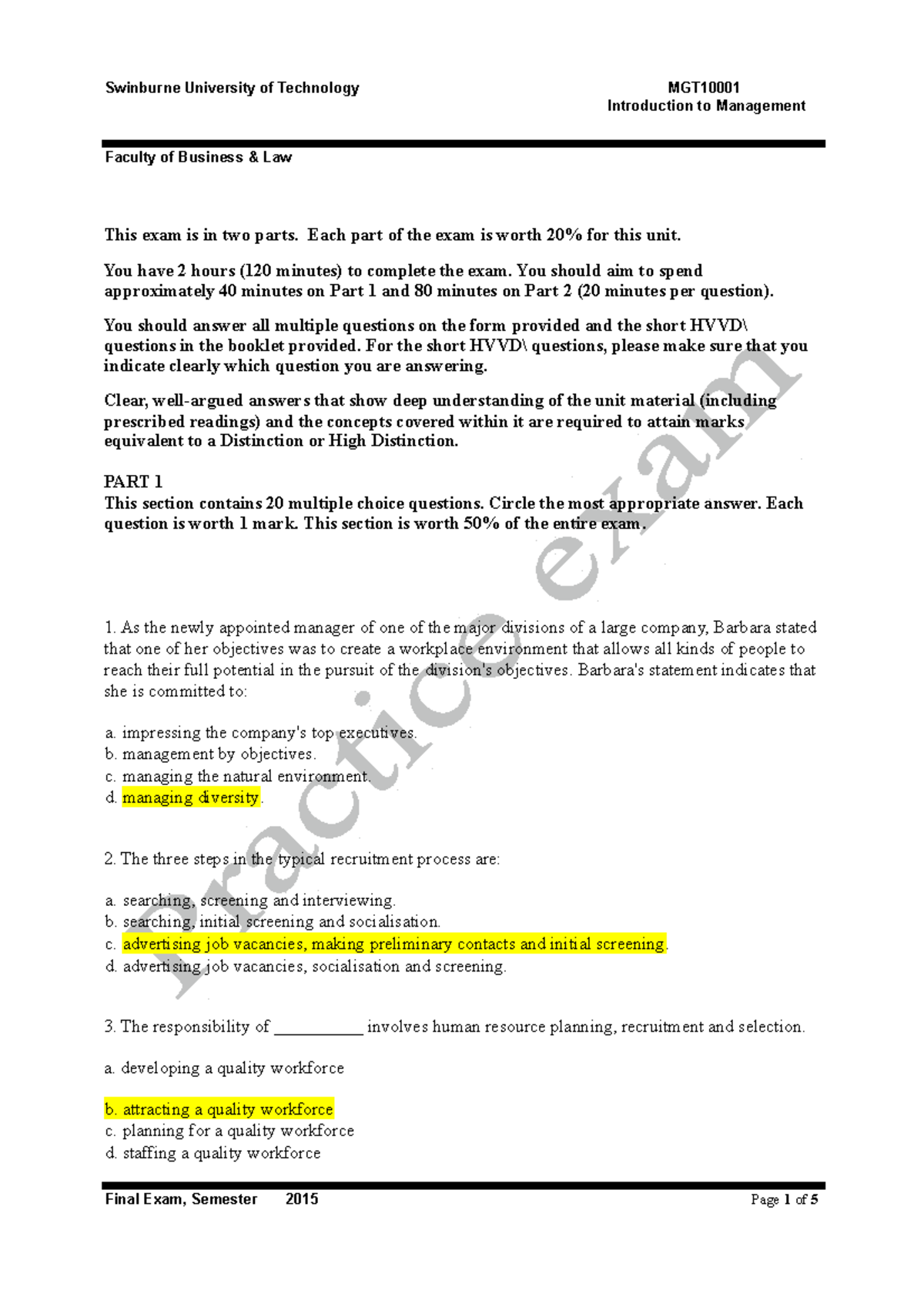 Sample/practice exam - Introduction to Management Faculty of Business ...