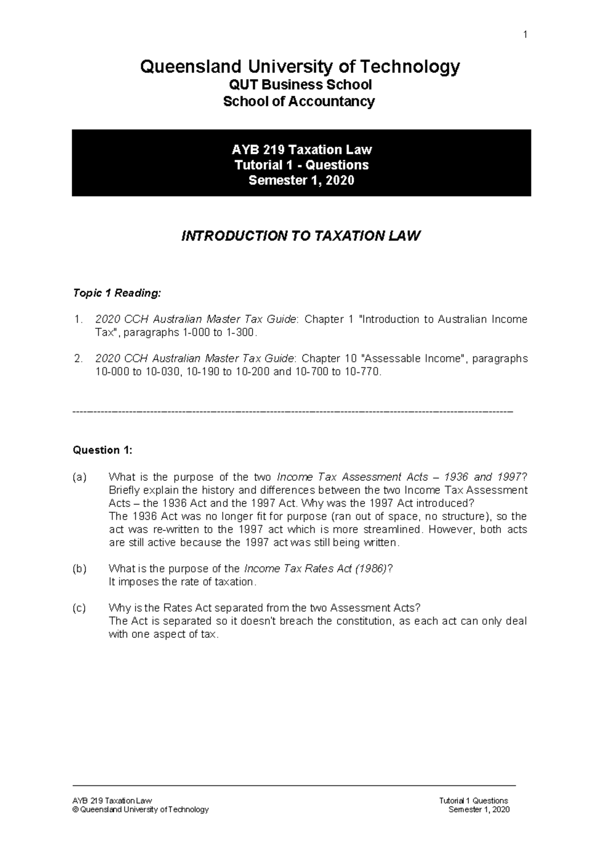 Tutorial 1 - Tute 1 notes - Queensland University of Technology QUT ...