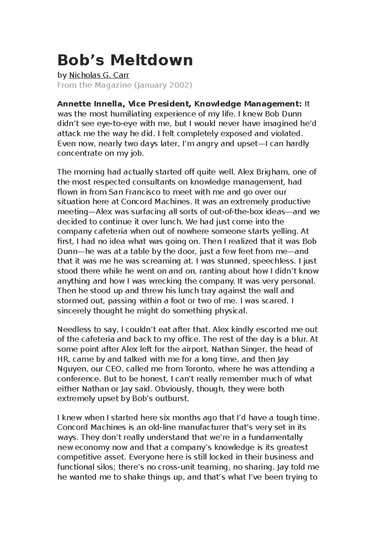 Case reading - Bob's Meltdown - Bob’s Meltdown by Nicholas G. Carr From ...