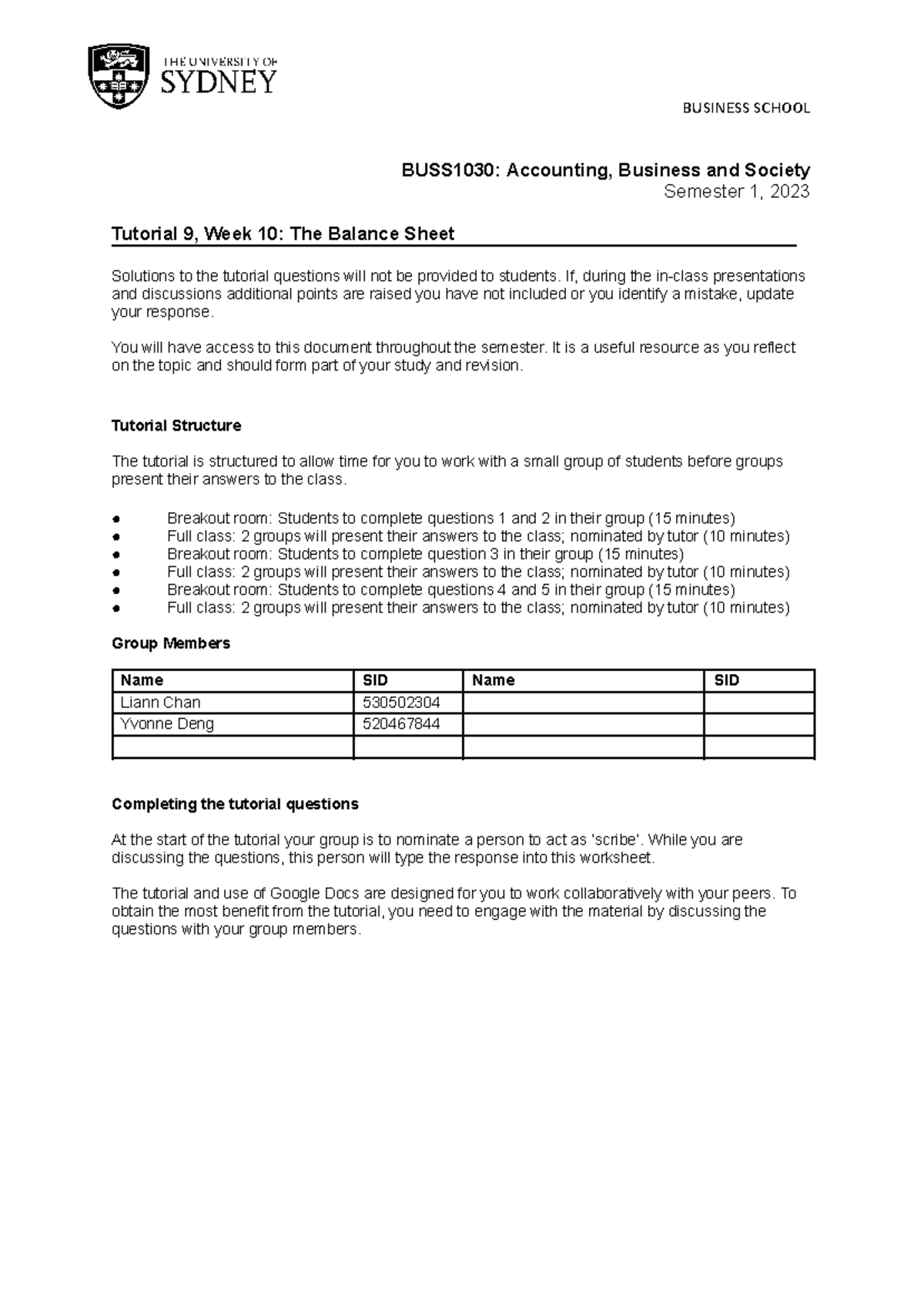 Tutorial 9 week 10 the balance sheet - BUSS1030: Accounting, Business ...