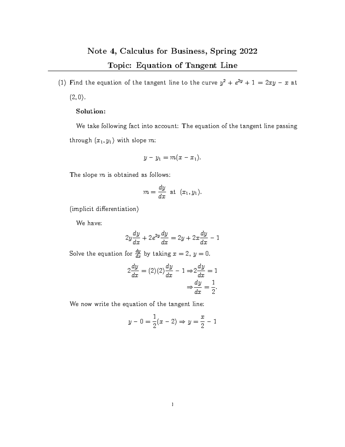 Note4cb - Equation of Tangent Line - Note 4, Calculus for Business ...