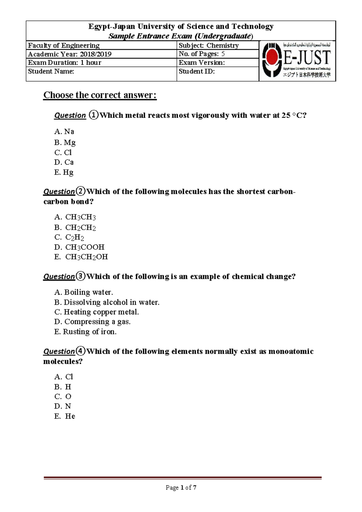 Chemistry-Sample-Exam English - Sample Entrance Exam (Undergraduate ...