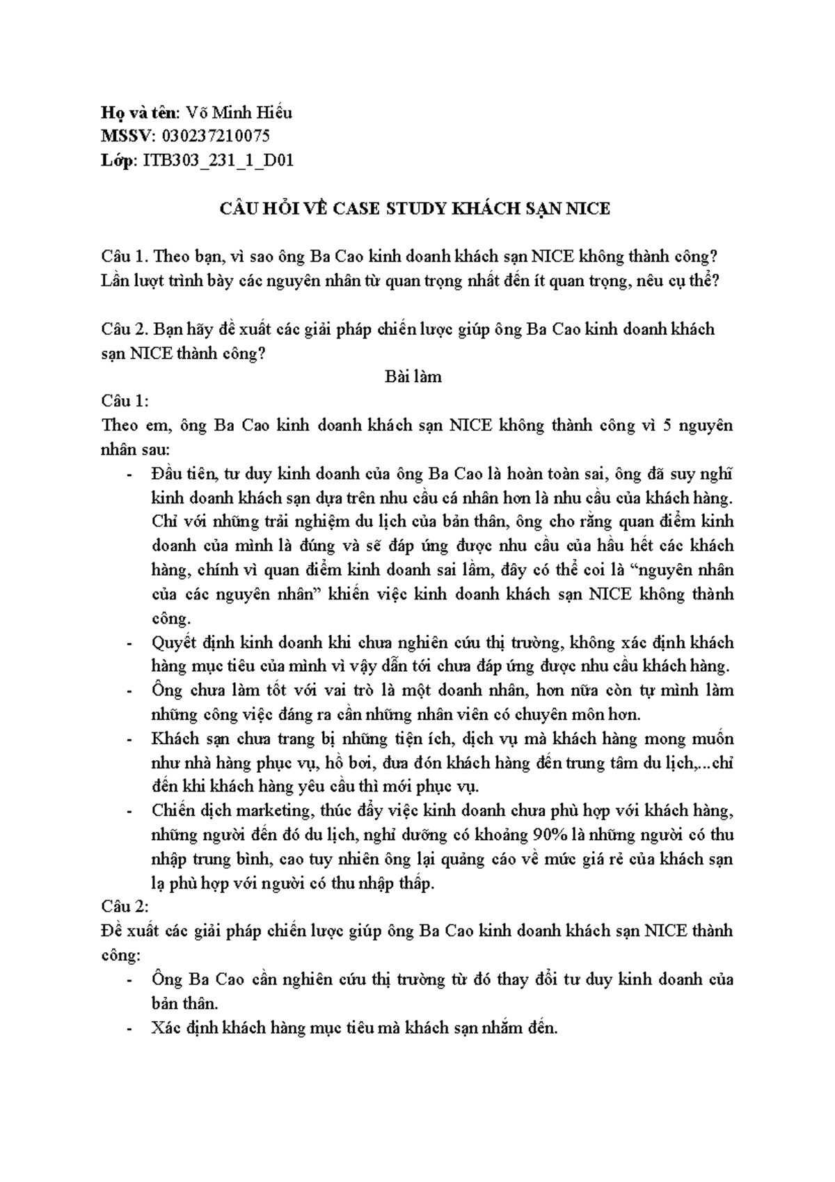BT CASE Study Khách SẠN NICE - Họ và tên: Võ Minh Hiếu MSSV: 030237210075 Lớp: ITB303_231_1_D ...