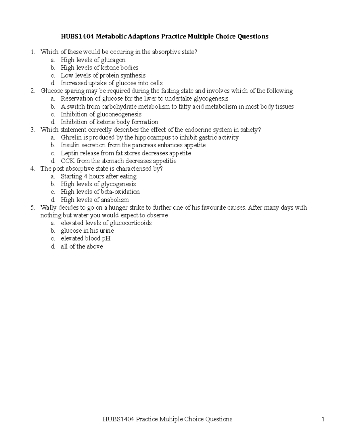 Sample/practice exam 2019, questions and answers - HUBS1404 Metabolic ...