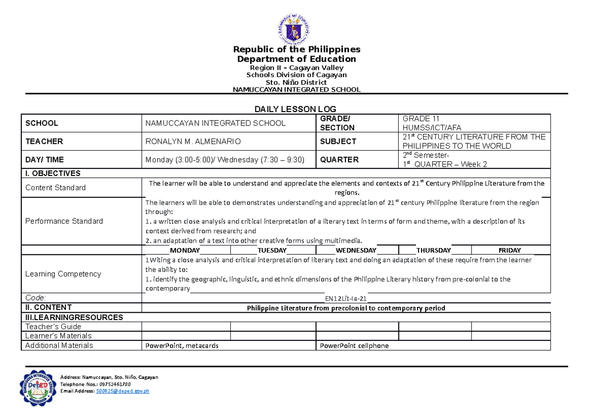 Dll Grade 11- 21st cen.lit 1Q- WEEK 1 - Department of Education Region ...