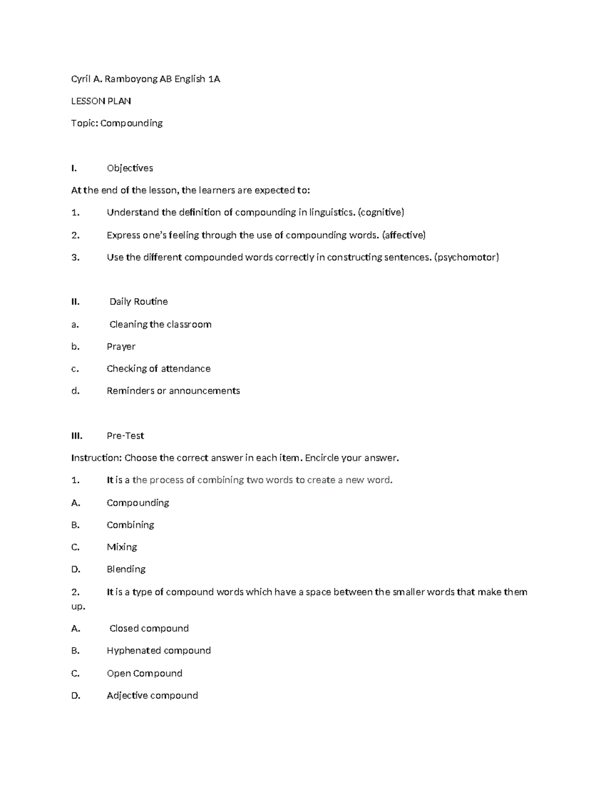 New Lesson Plan (Ramboyong, Cyril A. AB ENG 1A) - Cyril A. Ramboyong AB ...