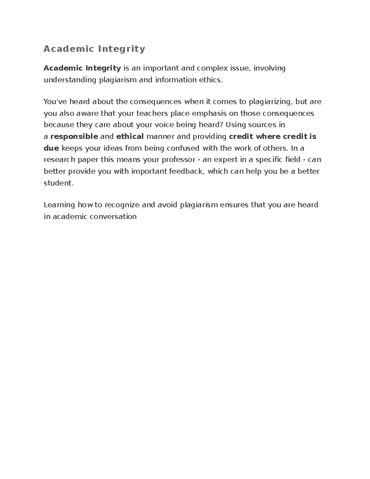 Integrity - note - Academic Integrity Academic Integrity is an ...
