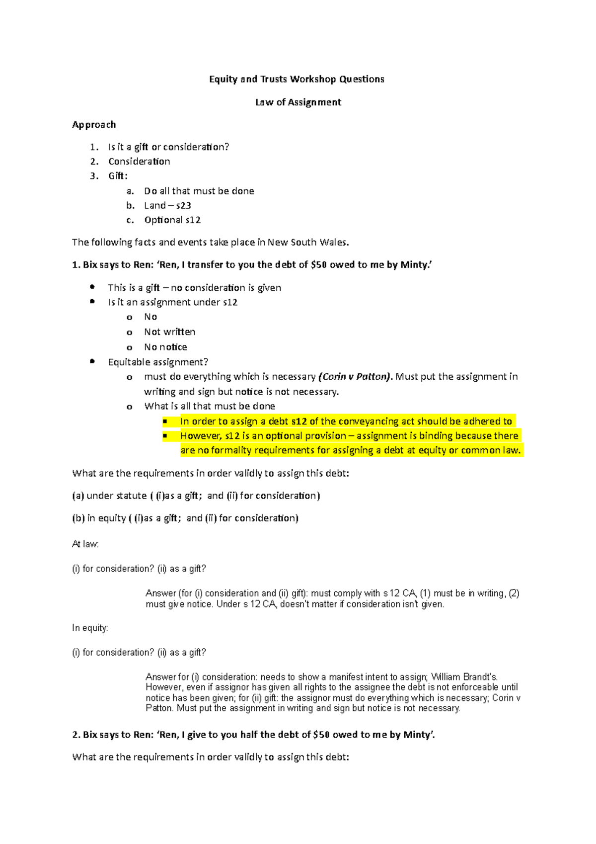 Assignment workshop questions class - Equity and Trusts Workshop ...