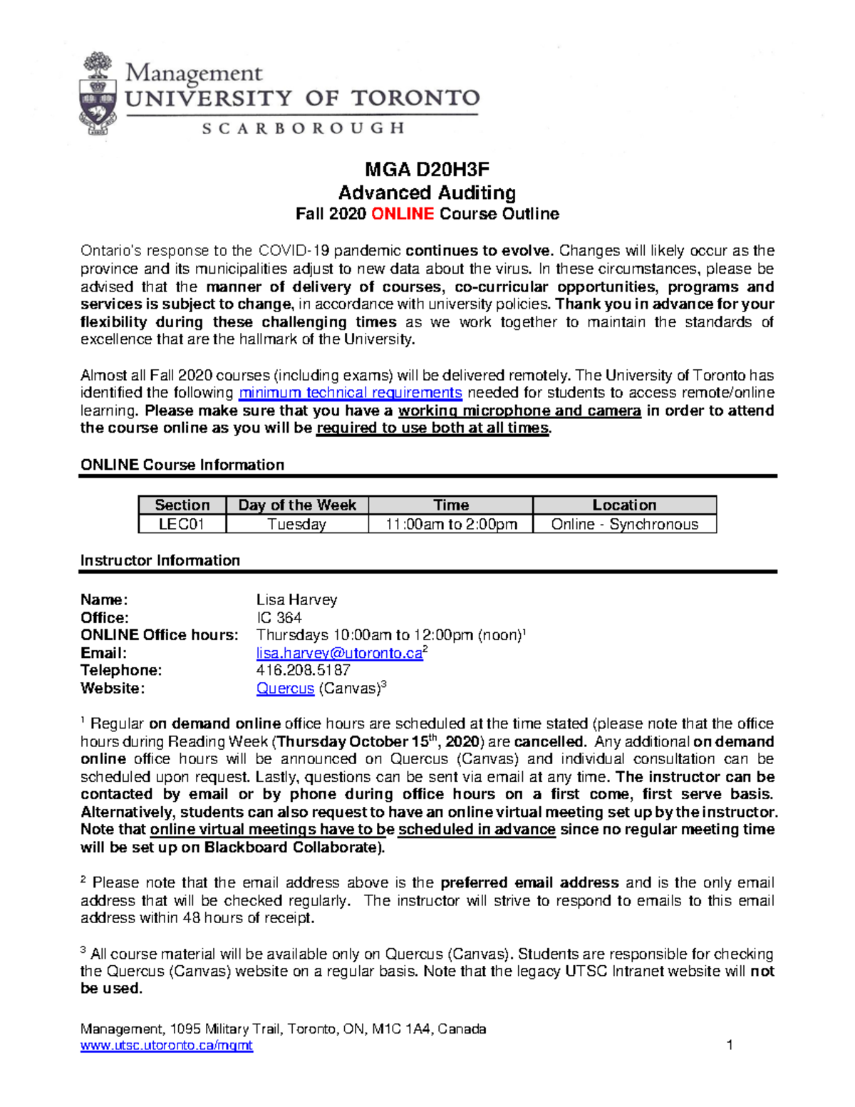 MGA D20 Fall 2020 Online Course Outline v2 - Management, 1 09 5 ...