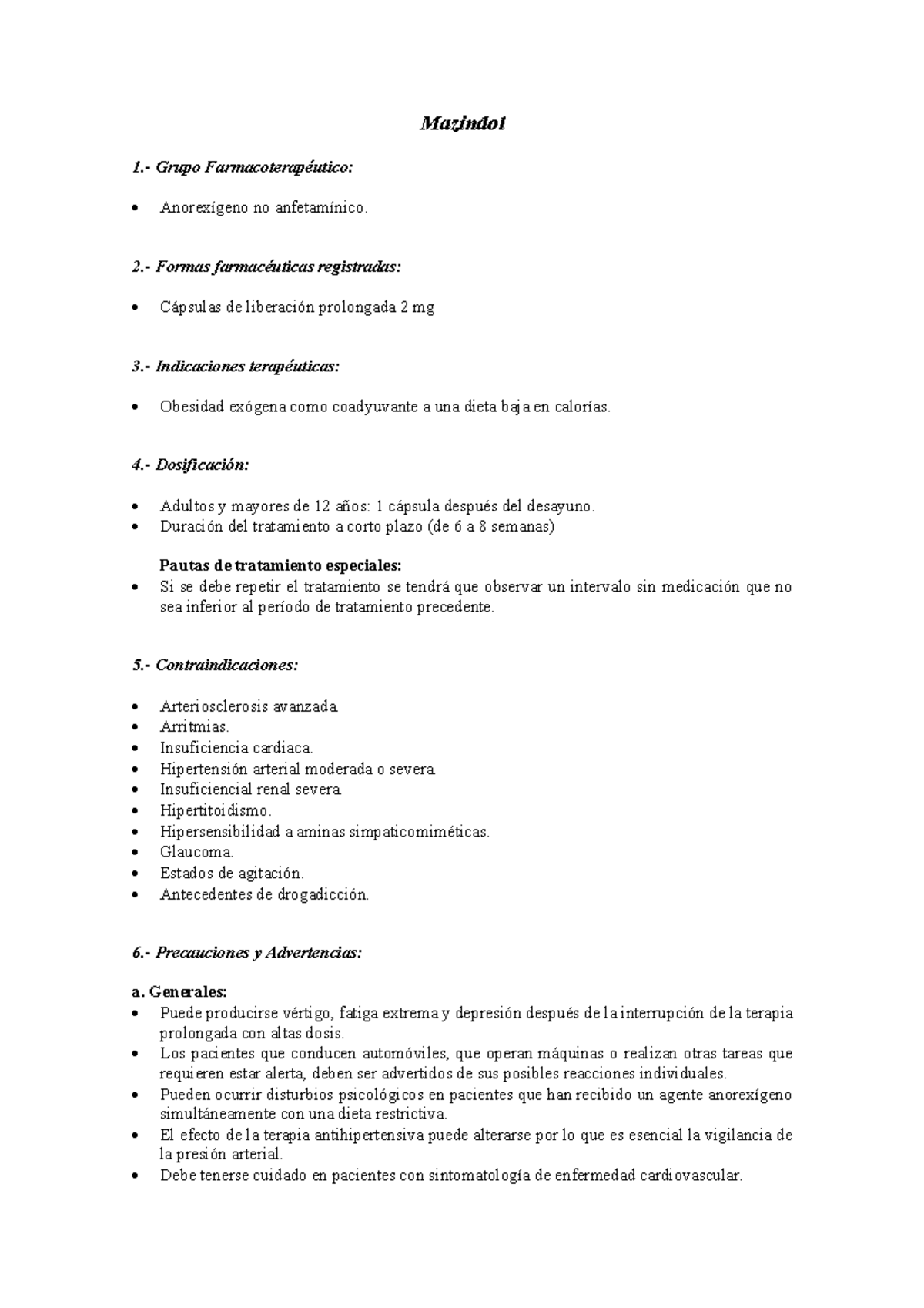Protocolo mazindol - Mazindol 1.- Grupo Farmacoterapéutico: Anorexígeno ...