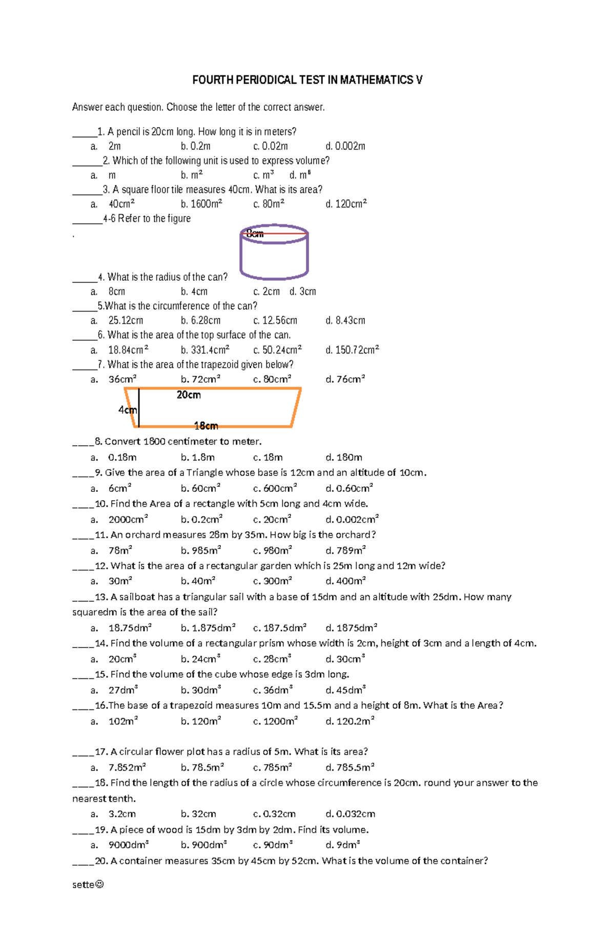 PT Mathematics 5 - Q4 V1 - FOURTH PERIODICAL TEST IN MATHEMATICS V ...