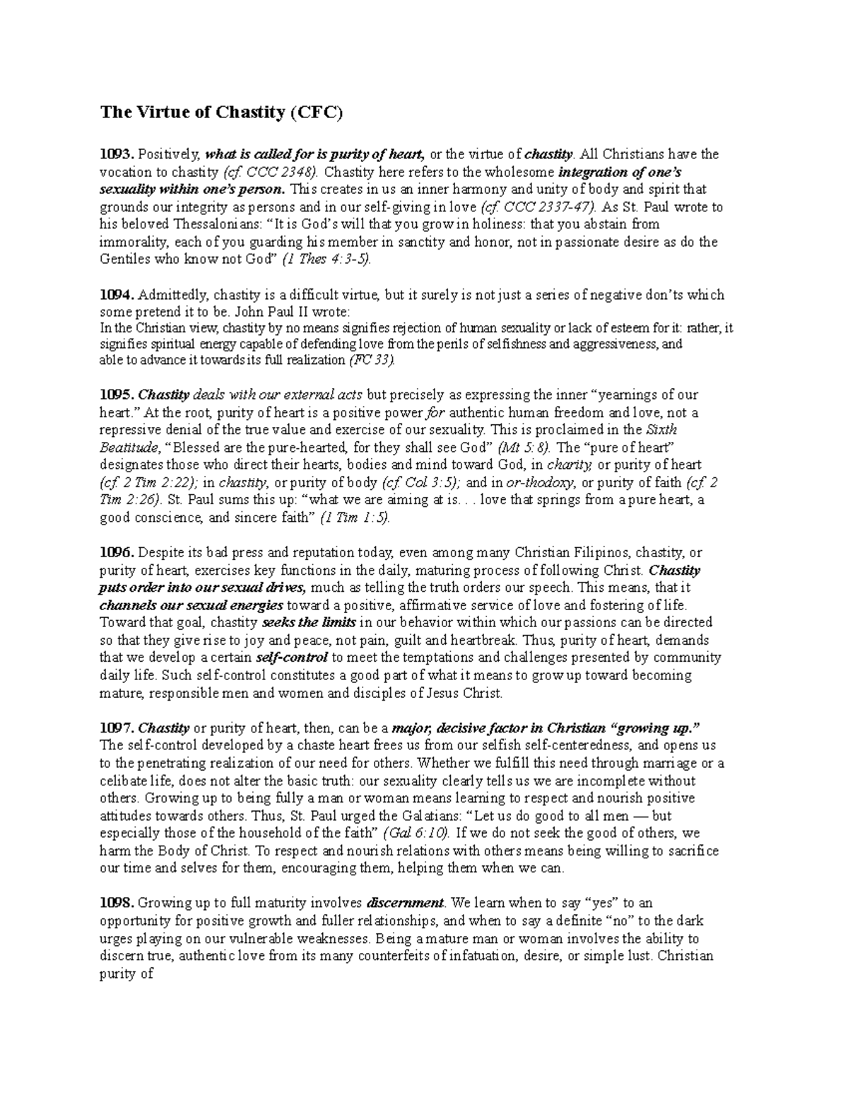 Education For Chastity - The Virtue of Chastity (CFC) Positively, what ...