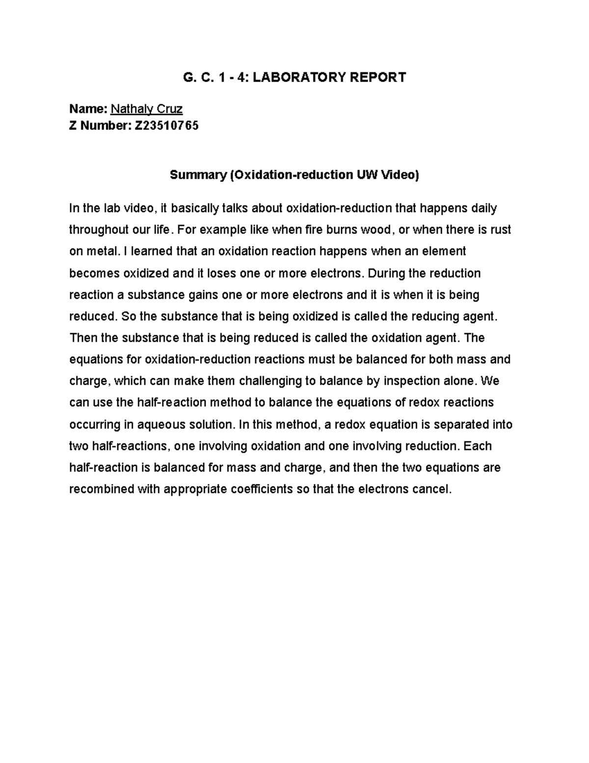G.C. 1-4 Lab Report.pdf - G. C. 1 - 4: LABORATORY REPORT Name: Nathaly ...