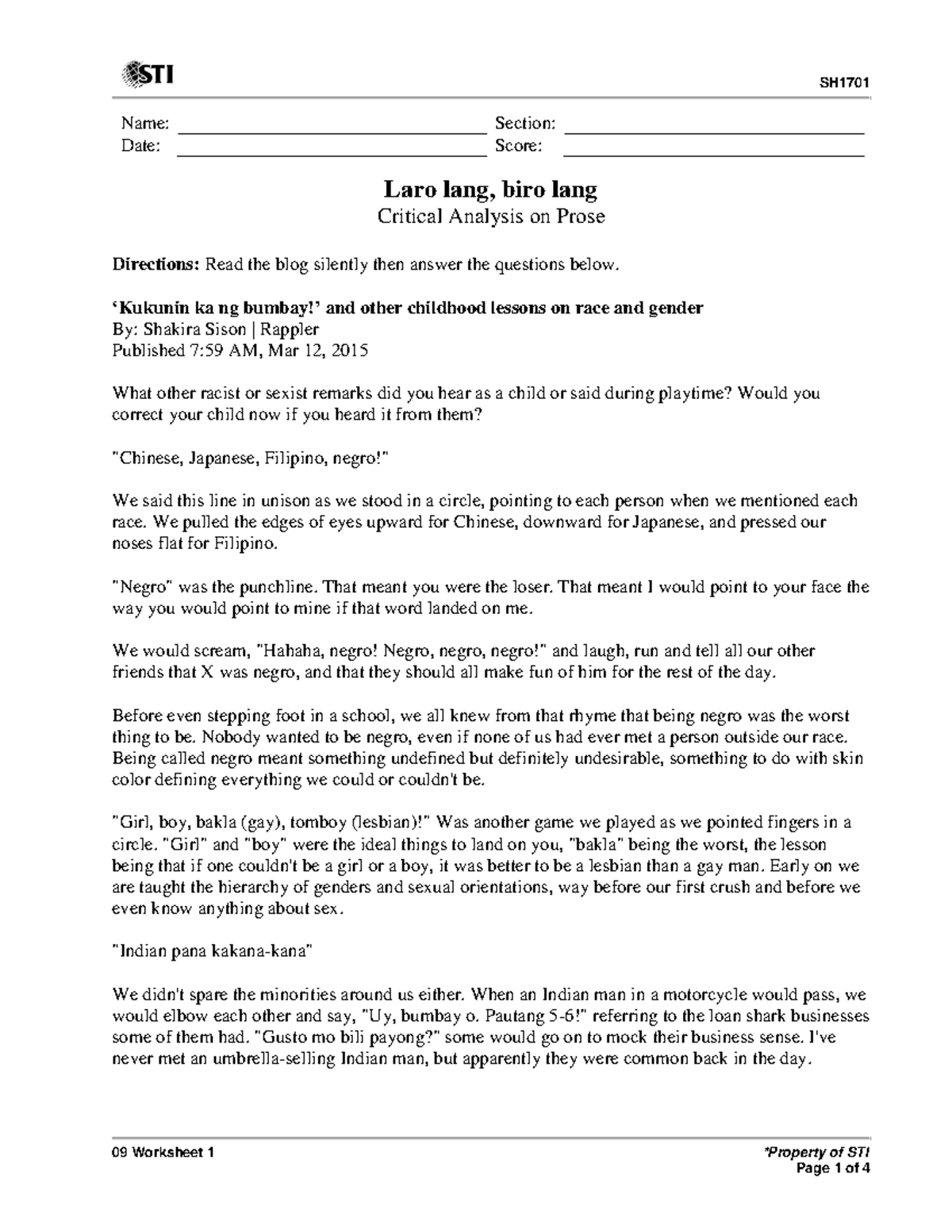 SH1701 - 21st Century Literature 09 Worksheet 1 - 09 Worksheet 1 ...