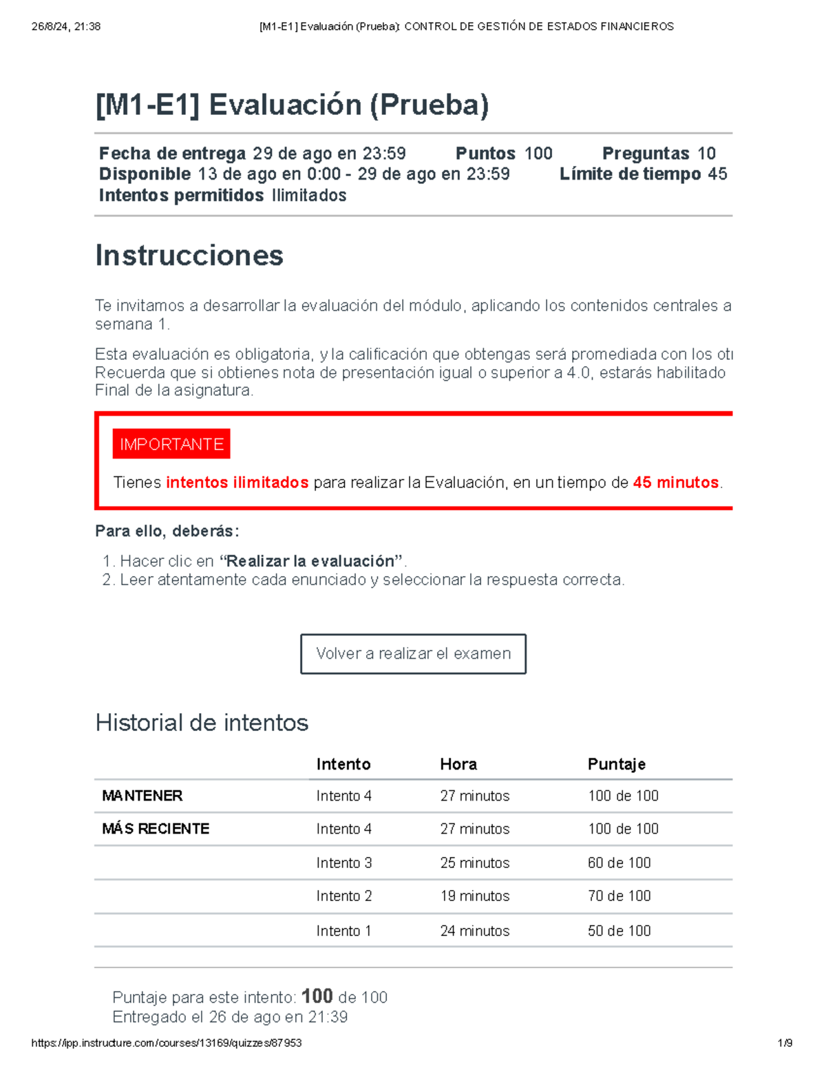 [M1-E1] Evaluación (Prueba) Control DE Gestión DE Estados Financieros 100% - [M1-E1] Evaluación ...