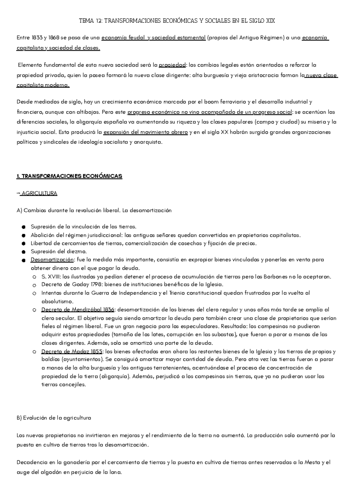 TEMA 12 historia - TEMA 12: TRANSFORMACIONES ECONÓMICAS Y SOCIALES EN EL SIGLO XIX Entre 1833 y ...