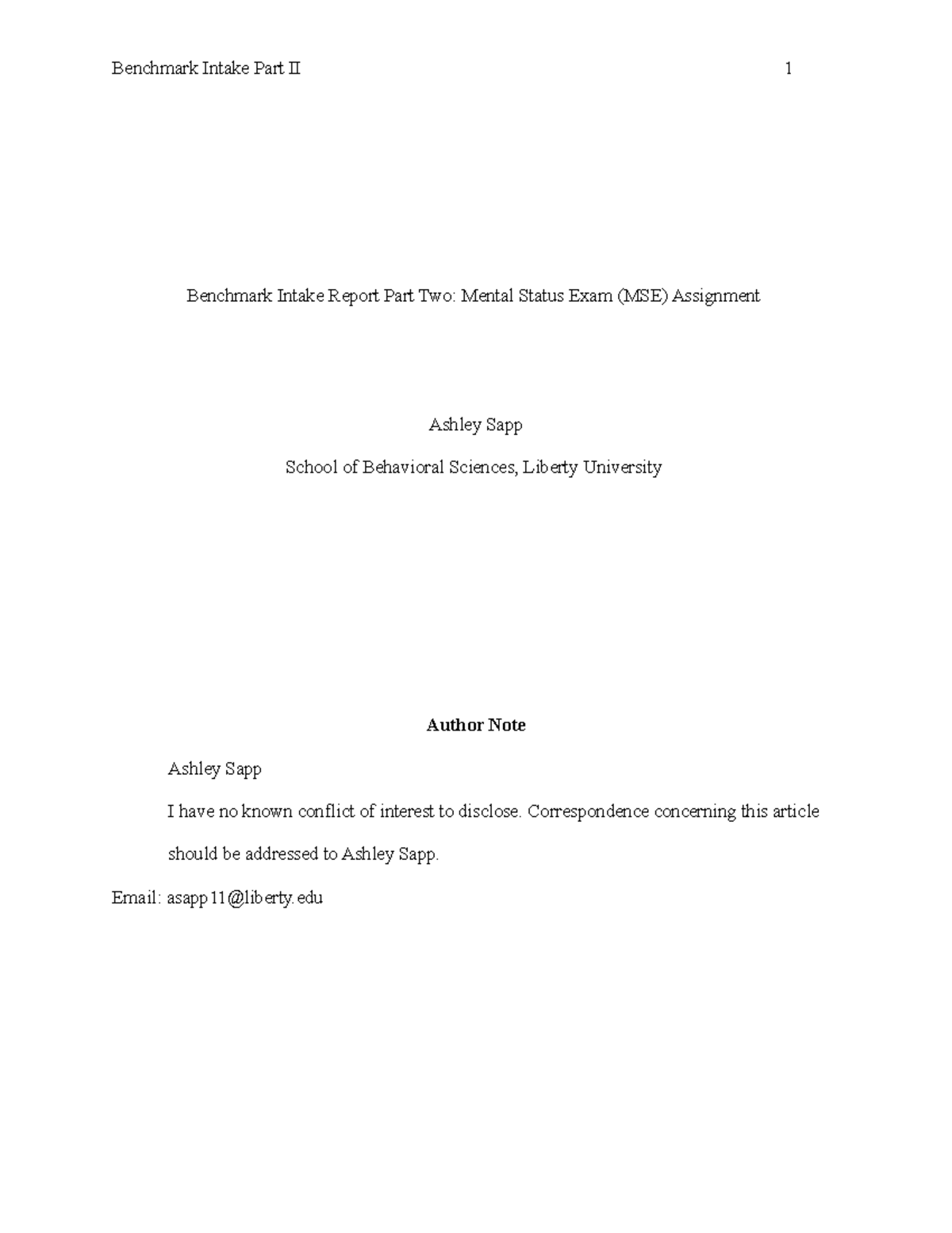 Benchmark Intake Pt 2 - Benchmark Intake Report Part Two: Mental Status Exam (MSE) Assignment ...
