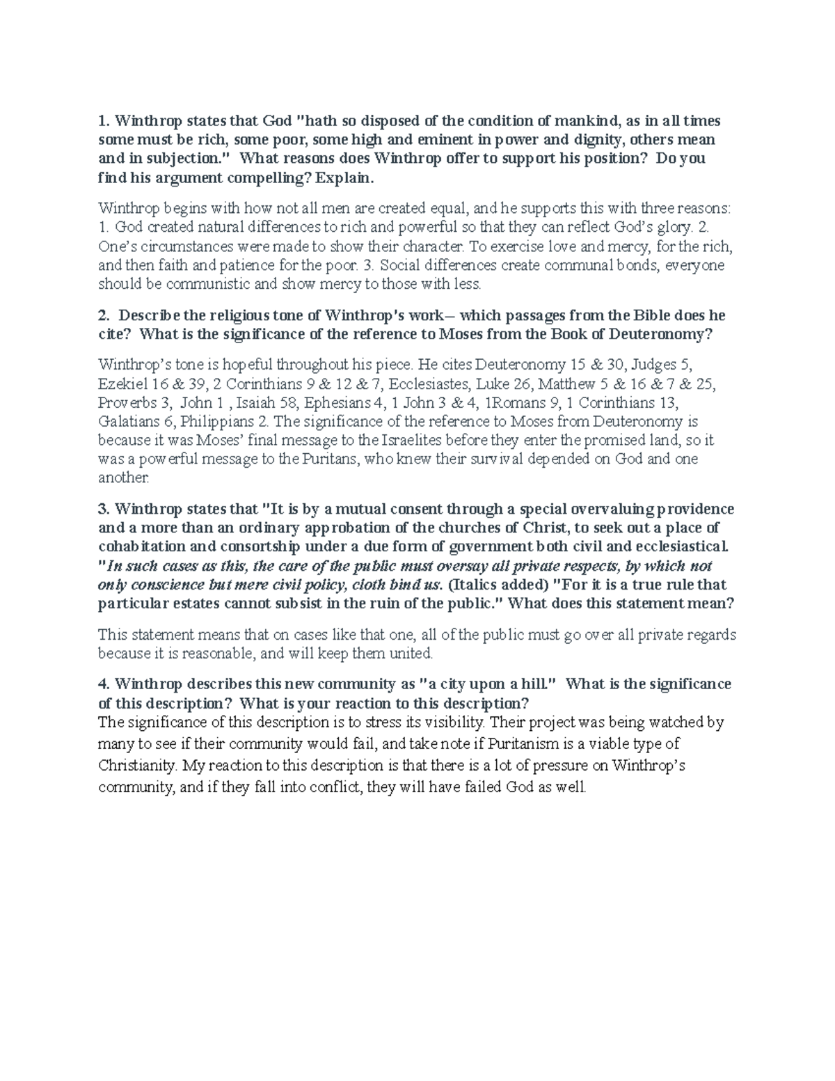 John Winthrop Questions - 1. Winthrop states that God "hath so disposed ...