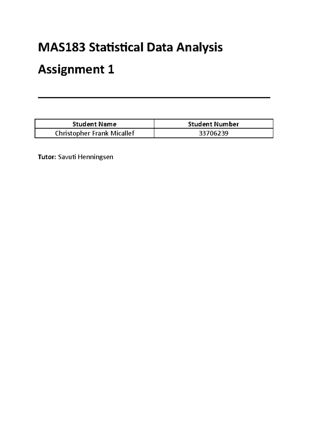 MAS183 Assignment 1 - MAS183 Statistical Data Analysis Assignment 1 - Studocu