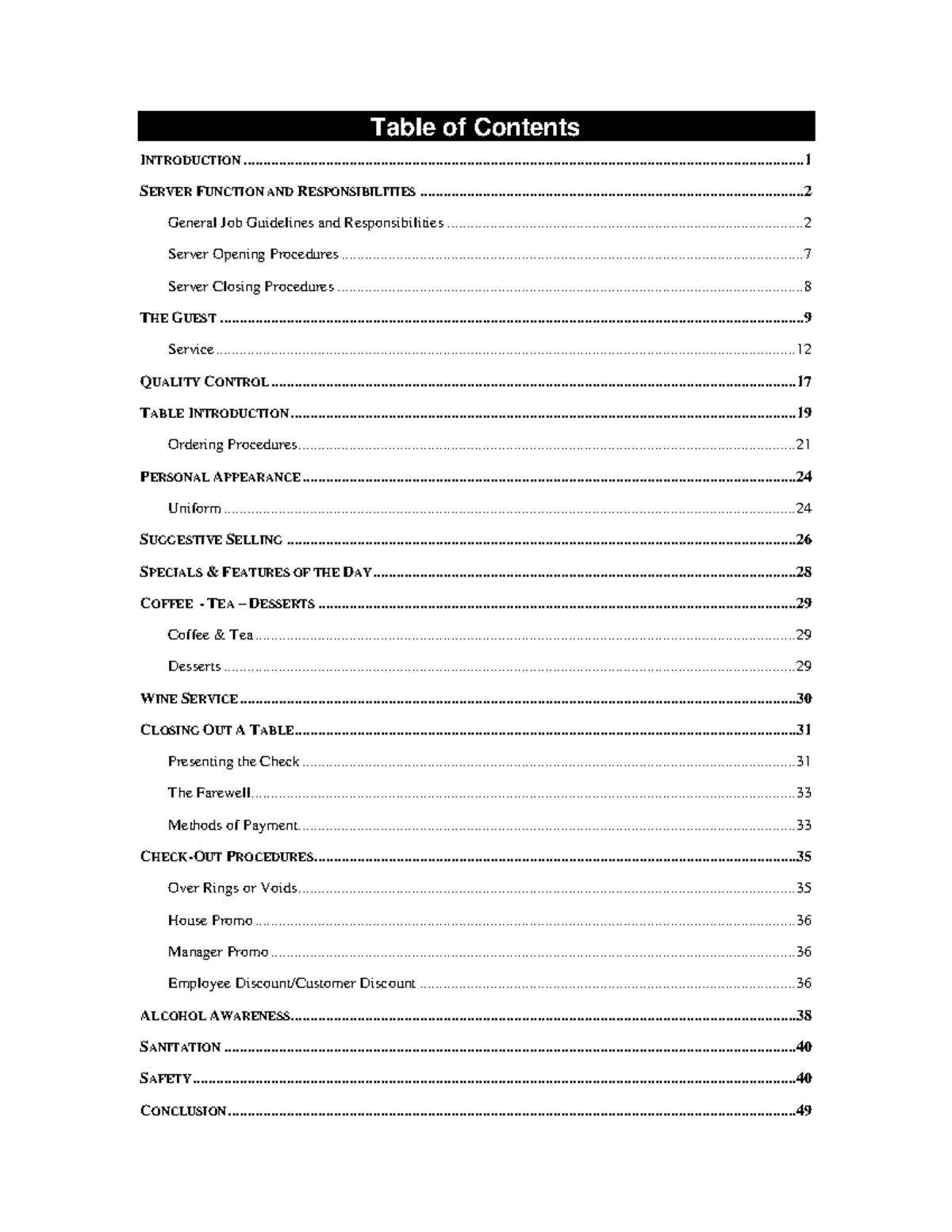 Pages from server training manual - Table of Contents INTRODUCTION ...