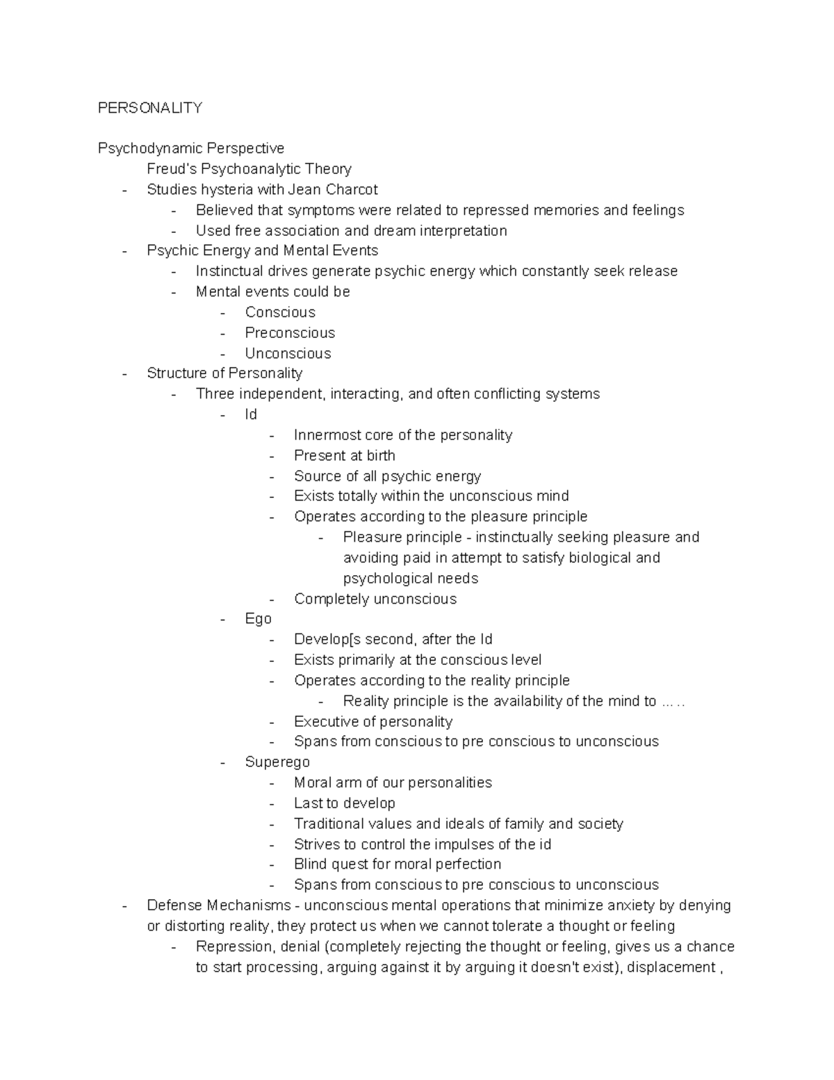 11 19 Class Notes - PERSONALITY Psychodynamic Perspective Freud’s ...