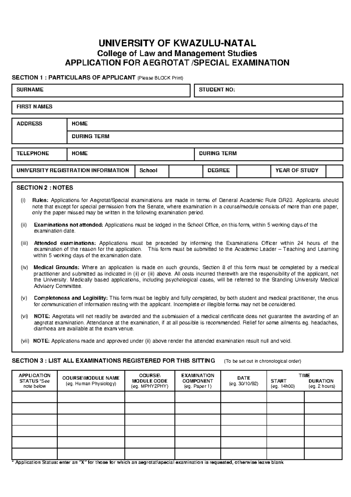 UKZN Aegrotat Application Form - UNIVERSITY OF KWAZULU-NATAL College of Law and Management ...