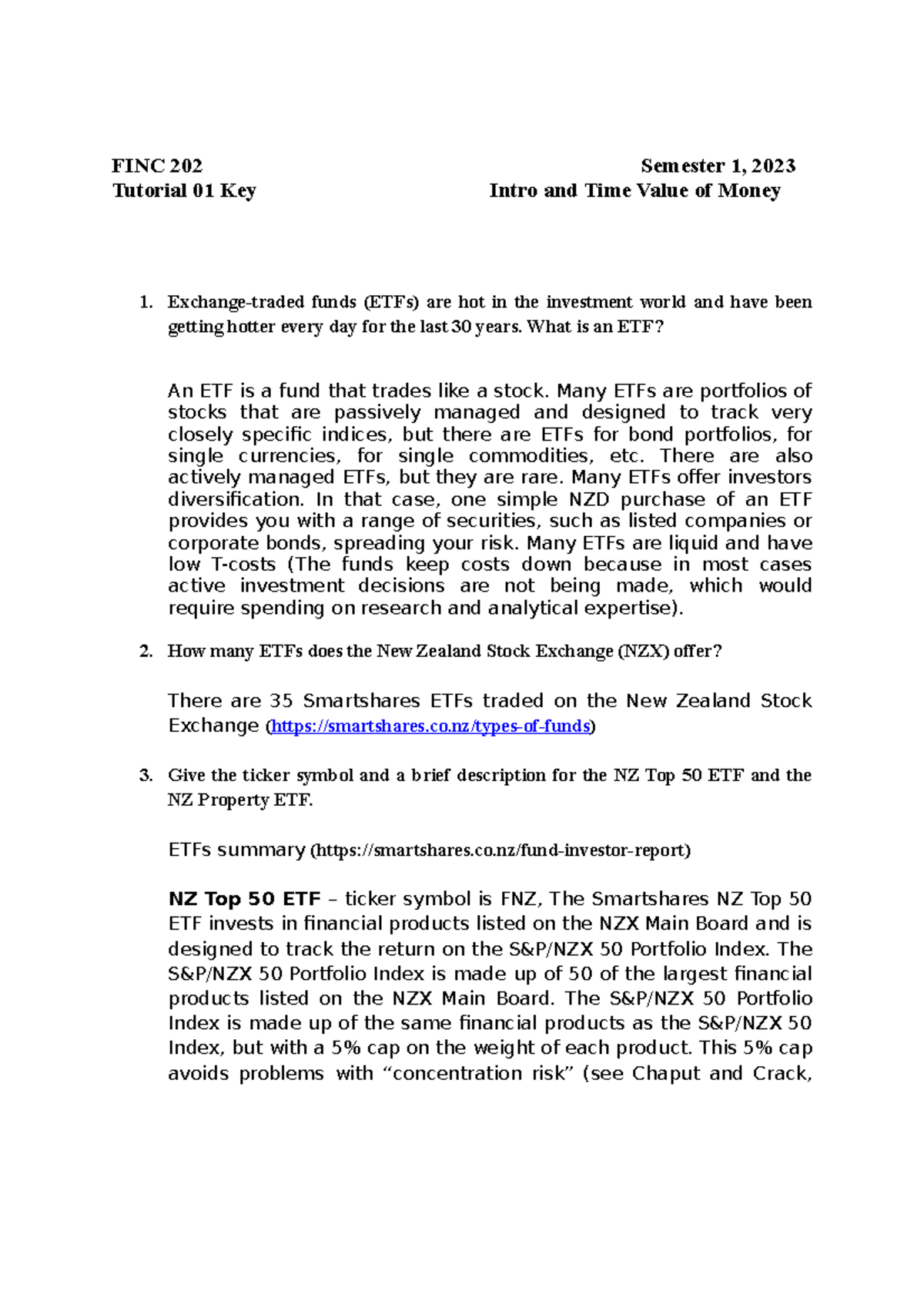 Tutorial 1 Answers - FINC 202 Semester 1, 2023 Tutorial 01 Key Intro and Time Value of Money ...