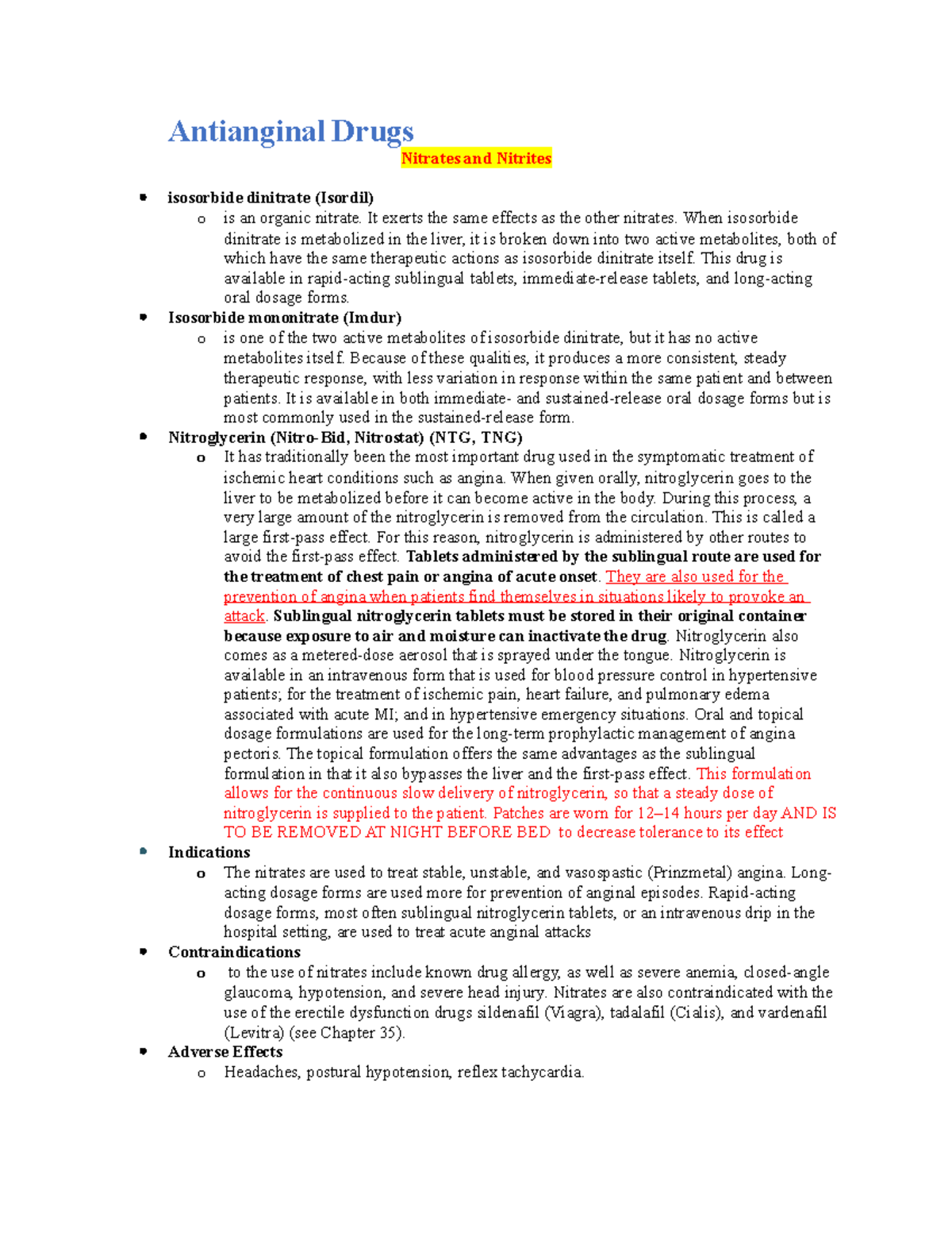 ANTI- Angina medications - Antianginal Drugs Nitrates and Nitrites ...