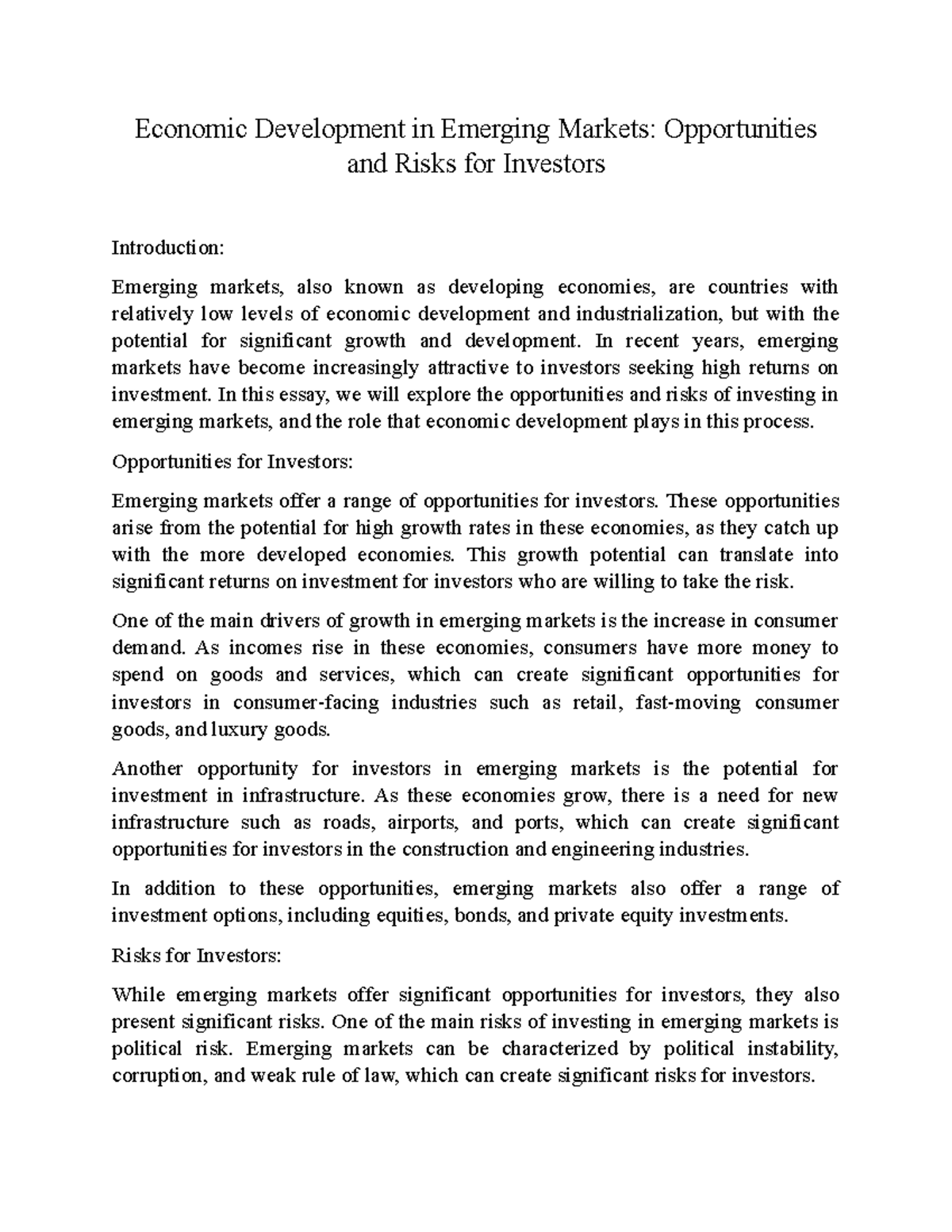 Economic Development in Emerging Markets Opportunities and Risks for ...