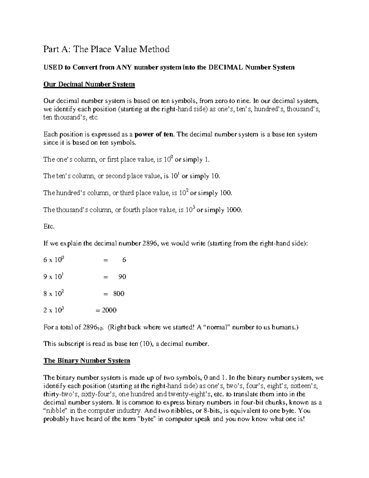 The Place Value Method - Part A: The Place Value Method USED to Convert ...