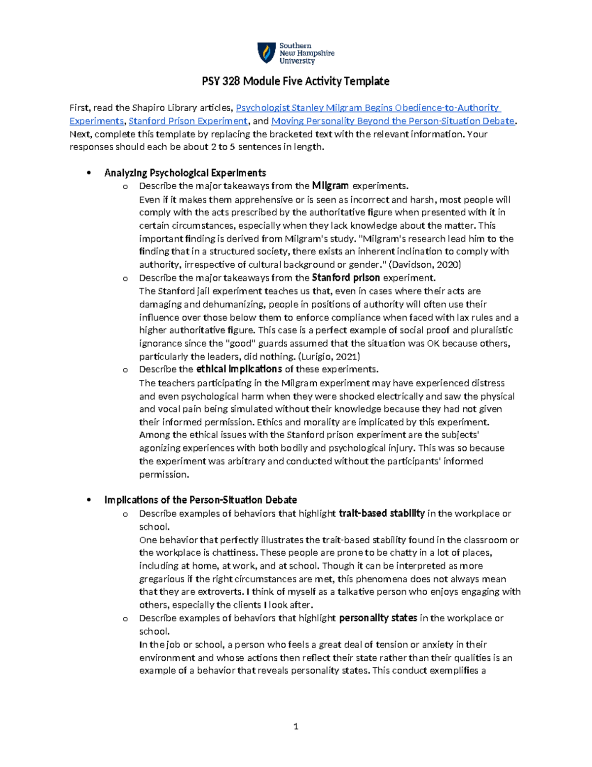 PSY 328 Module Five Activity done - Next, complete this template by replacing the bracketed text ...