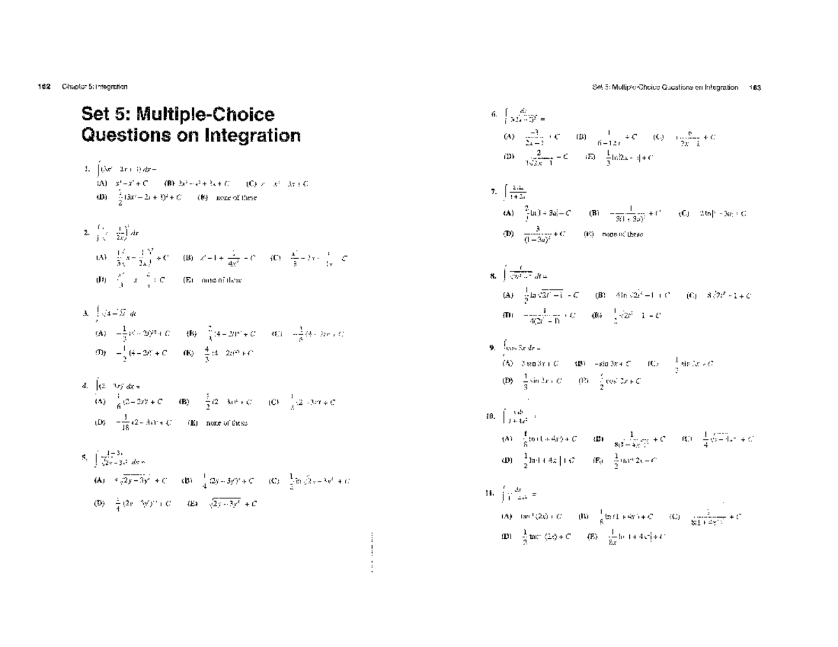 Integrals extra practice with u-sub - 162 Chapter 5: Integration Set 5: Questions on Integration ...