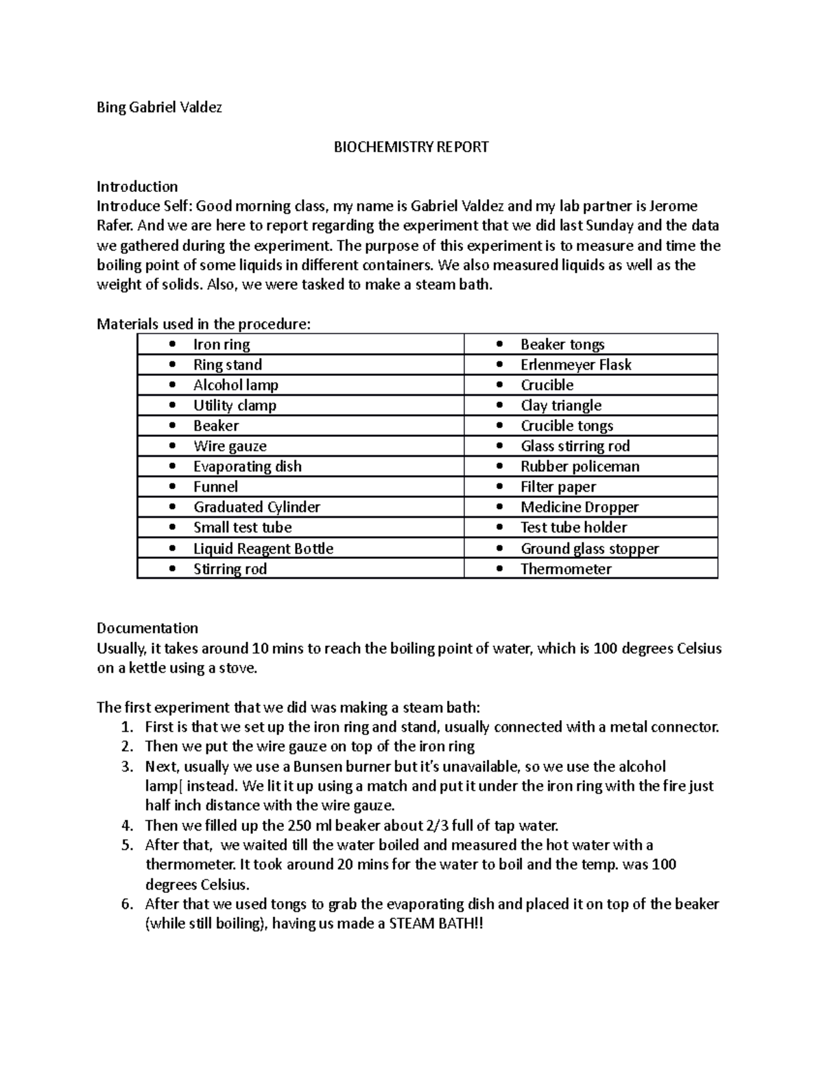 Lab report biochem - Practice - Bing Gabriel Valdez BIOCHEMISTRY REPORT ...