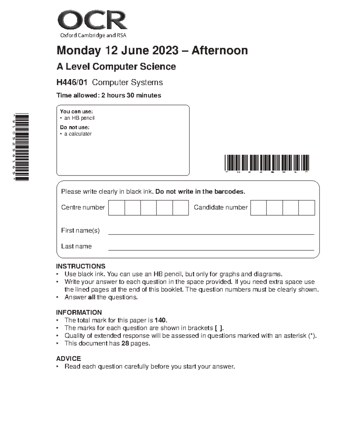 718704539 Computer Science Ocr 2023 Alevel Paper 1 - Oxford Cambridge ...