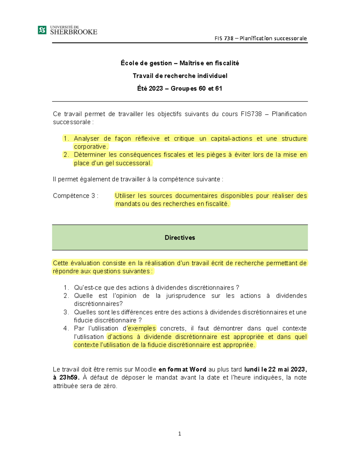 Travail individuel - Instructions - FIS 738 – Planification ...