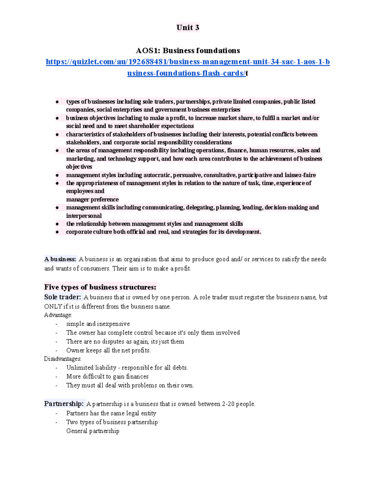 Exam revison U3 - Business - AOS1: Business foundations - Studocu