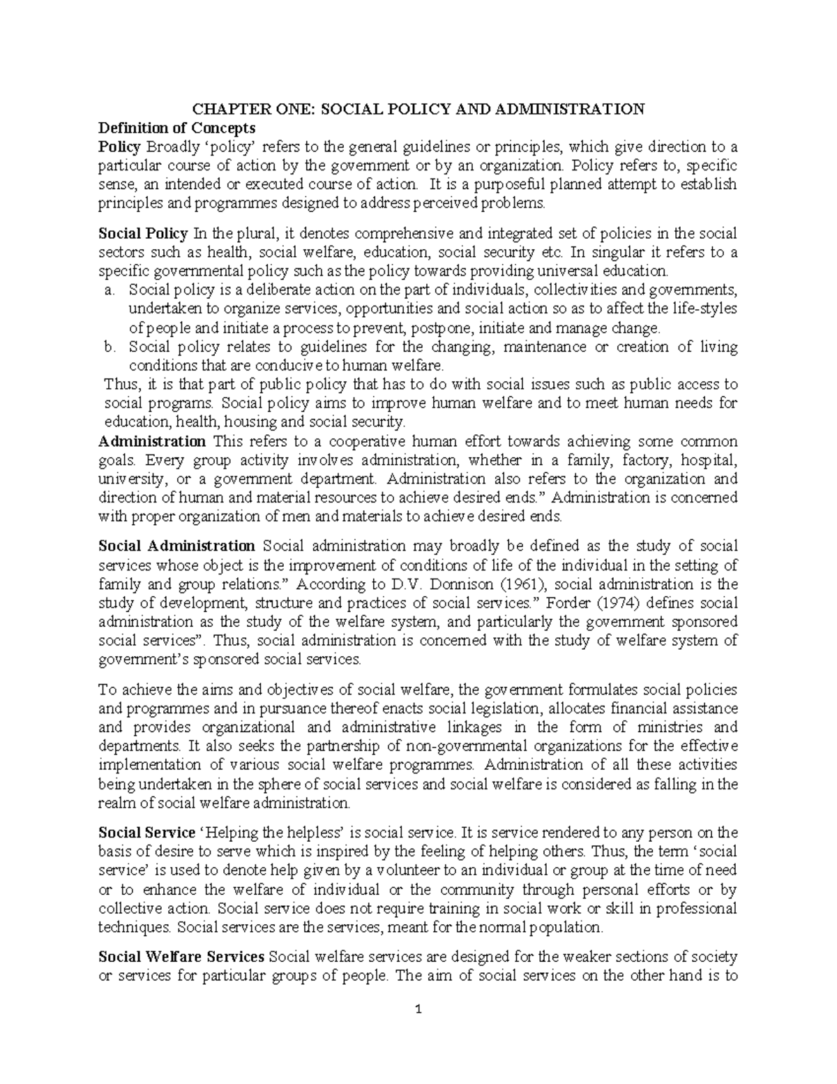 Social policy - CHAPTER ONE: SOCIAL POLICY AND ADMINISTRATION ...