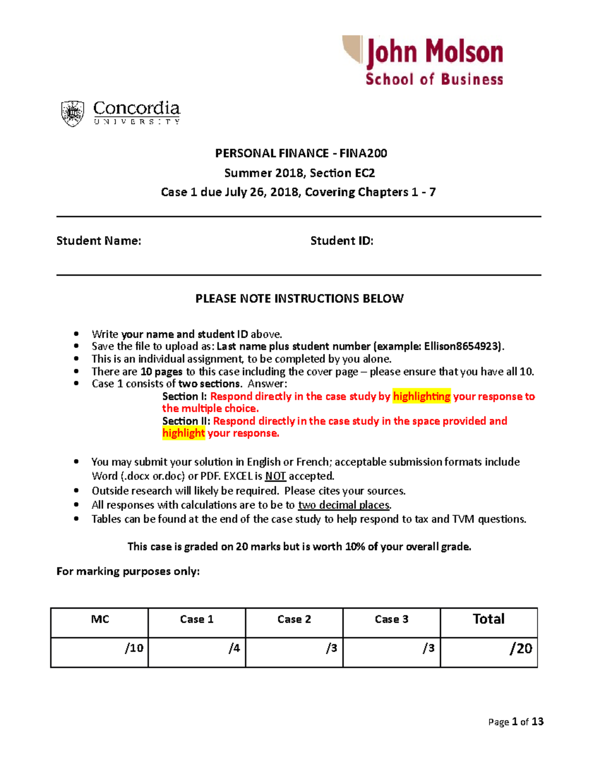 Case 1 Instructions - Assignment for Personal Finance - FINA 200 ...