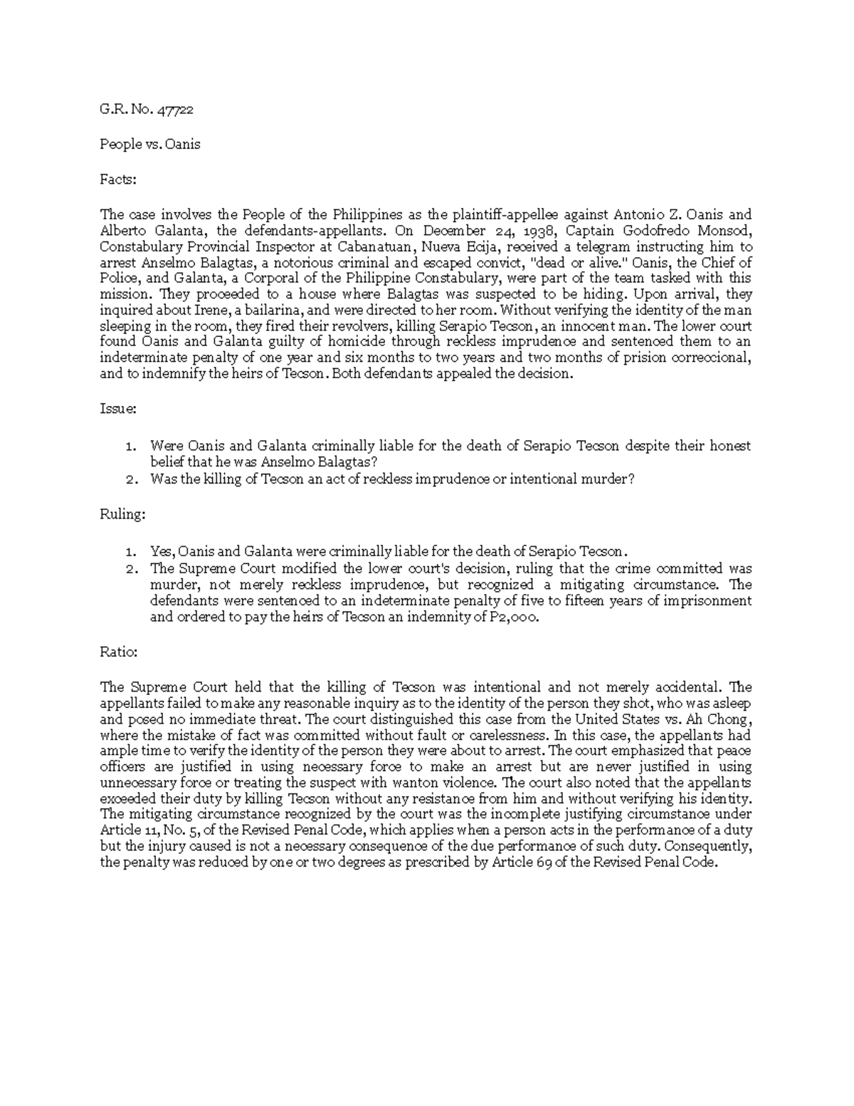 Case Digest Criminal Law - G. No. 47722 People vs. Oanis Facts: The ...